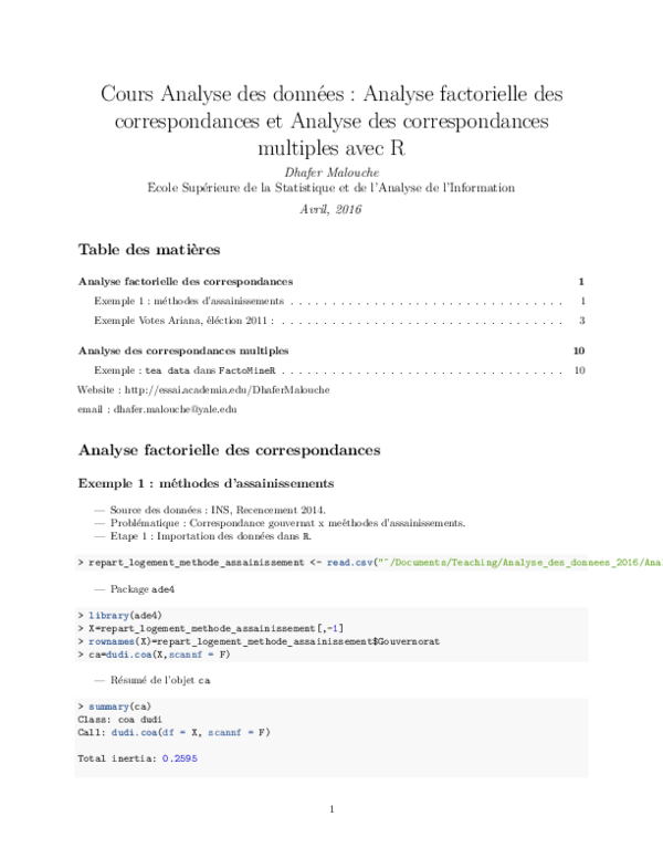 (PDF) Analyse factorielle des correspondances et Analyse des correspondances multiples avec R