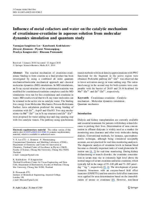 (PDF) Influence of metal cofactors and water on the catalytic mechanism ...