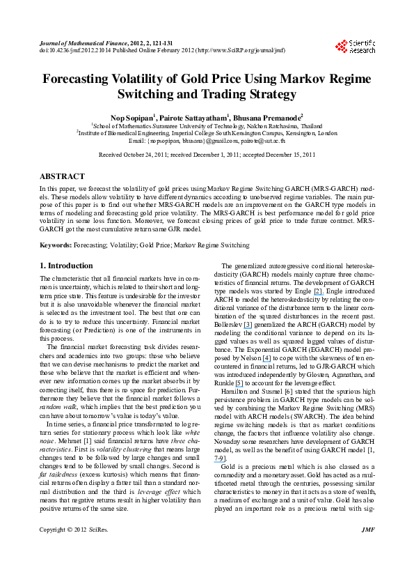 Pdf Forecasting Volatility Of Gold Price Using Markov Regime