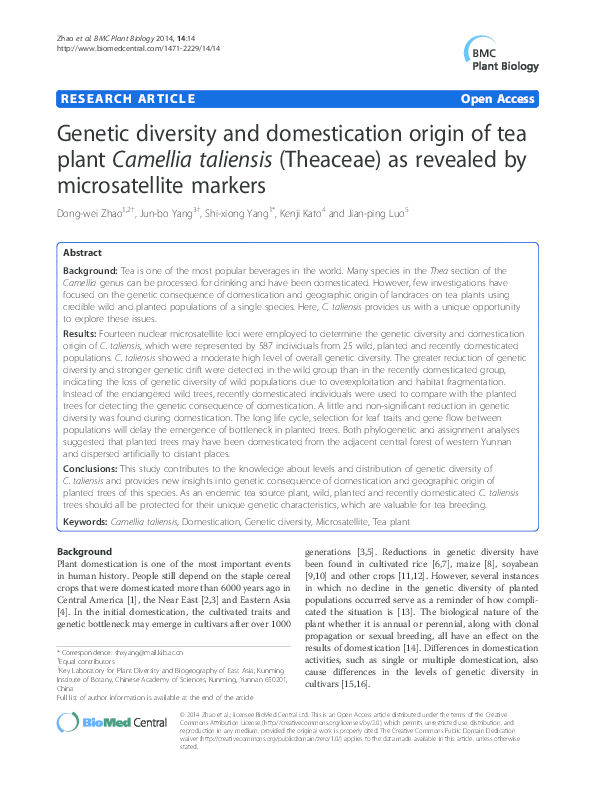 (PDF) Genetic diversity and domestication origin of tea plant Camellia ...