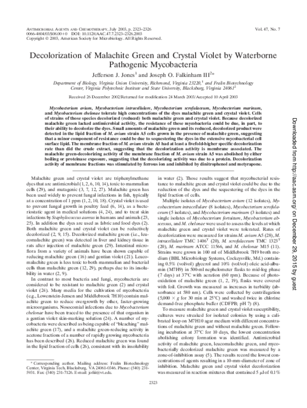 (PDF) Decolorization of Malachite Green and Crystal Violet by Waterborne Pathogenic Mycobacteria