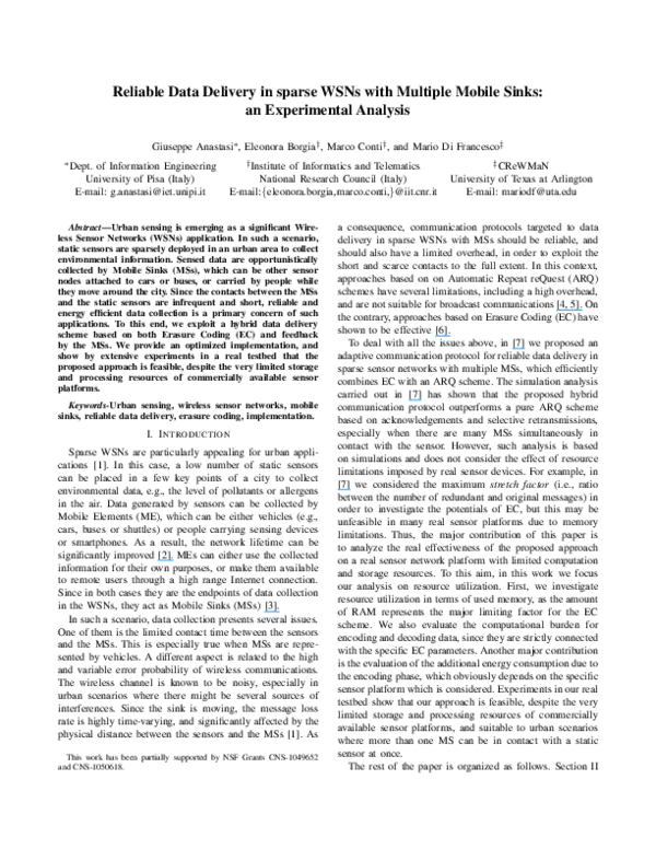 (PDF) Reliable data delivery in sparse WSNs with multiple Mobile Sinks: An experimental analysis