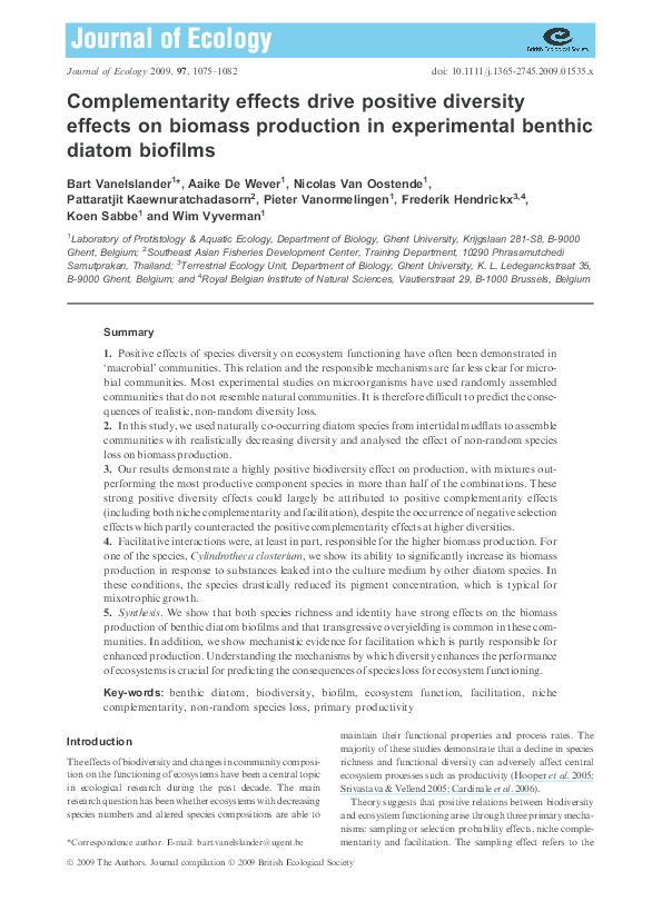 (PDF) Complementarity effects drive positive diversity effects on biomass production in ...