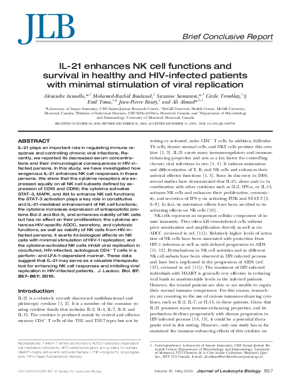 (PDF) IL-21 enhances NK cell functions and survival in healthy and HIV ...