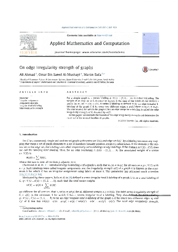 (PDF) On edge irregularity strength of graphs