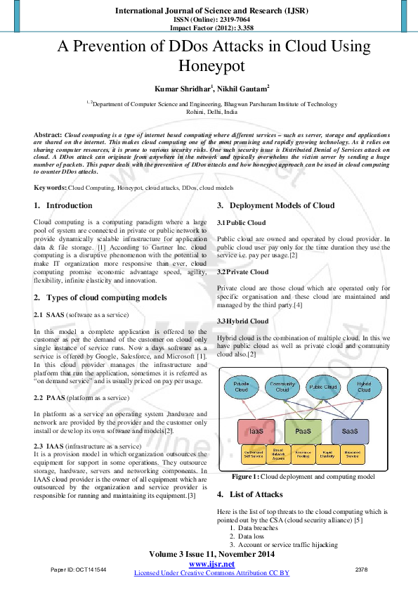 Pdf Honeypot Based Ddos Attack Prevention In Cloud