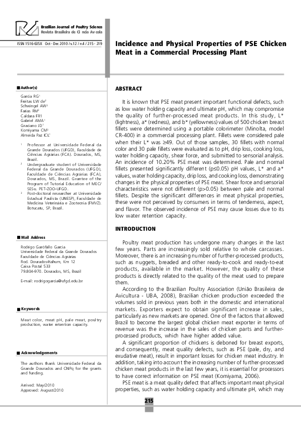 (PDF) Incidence and physical properties of PSE chicken meat in a ...