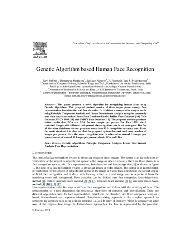 Pdf Genetic Algorithm Based Human Face Recognition Muthukumar