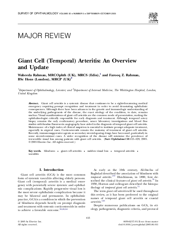 (PDF) Giant Cell (Temporal) Arteritis: An Overview and Update