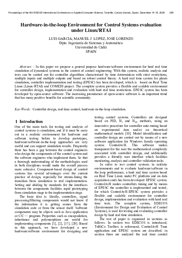 (PDF) Hardware-in-the-loop Environment for Control Systems evaluation under Linux/RTAI