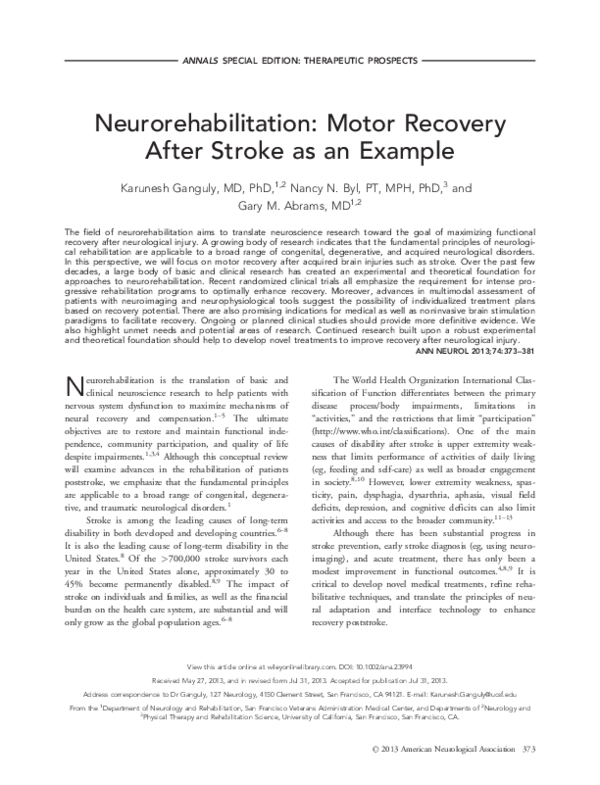 (PDF) Neurorehabilitation: Motor recovery after stroke as an example