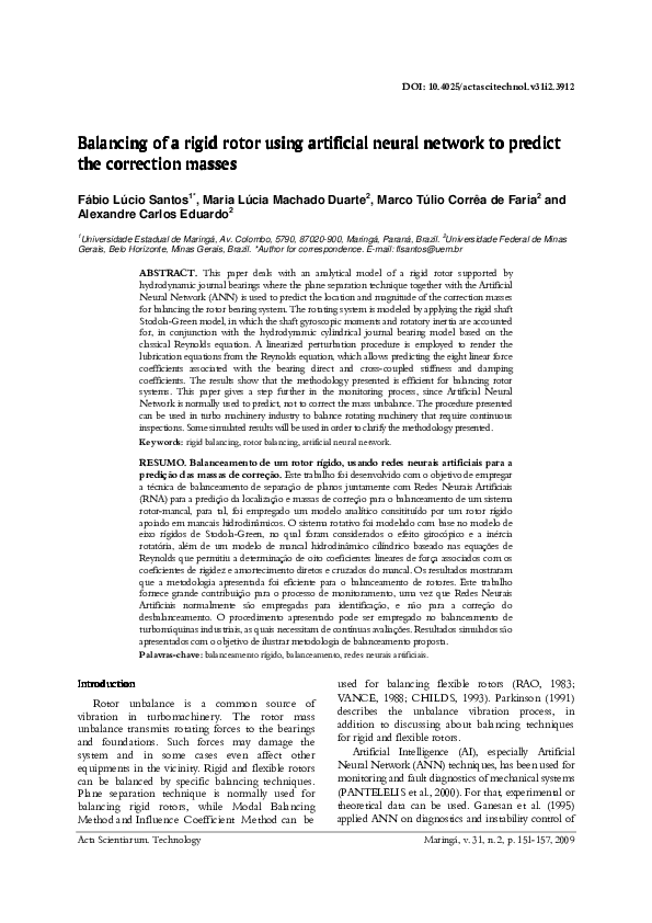 Pdf Balancing Of A Rigid Rotor Using Artificial Neural Network To Predict The Correction Masses