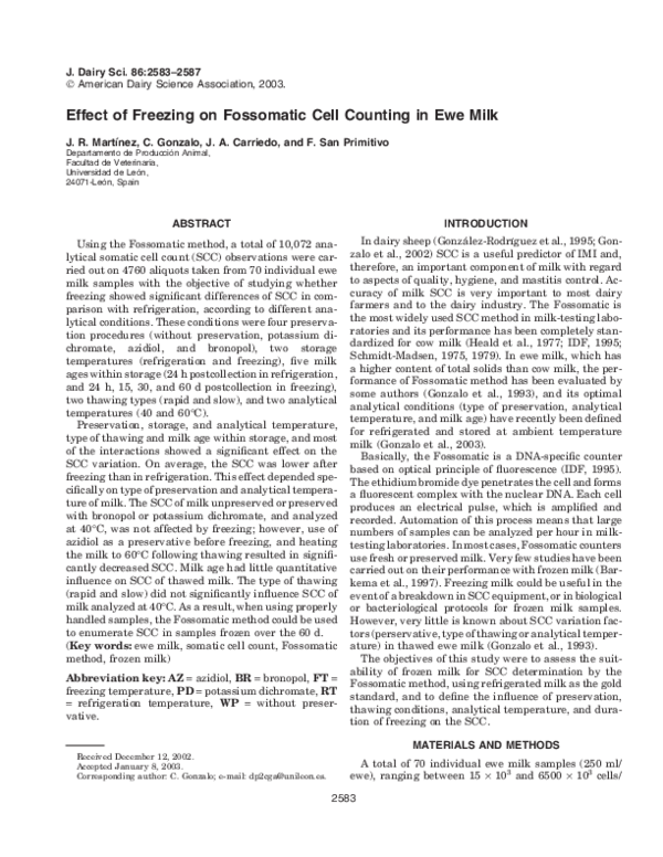 (PDF) Effect of Freezing on Fossomatic Cell Counting in Ewe Milk