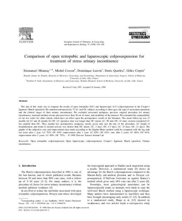 Pdf Comparison Of Open Retropubic And Laparoscopic Colposuspension