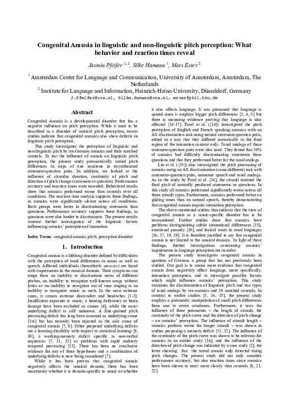 (PDF) Congenital Amusia in linguistic and non-linguistic pitch ...
