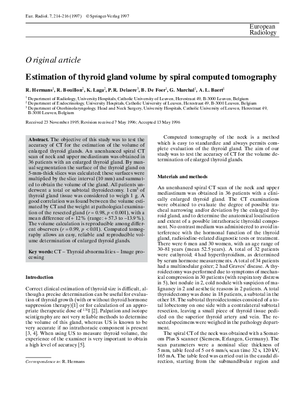 (PDF) Estimation of thyroid gland volume by spiral computed tomography