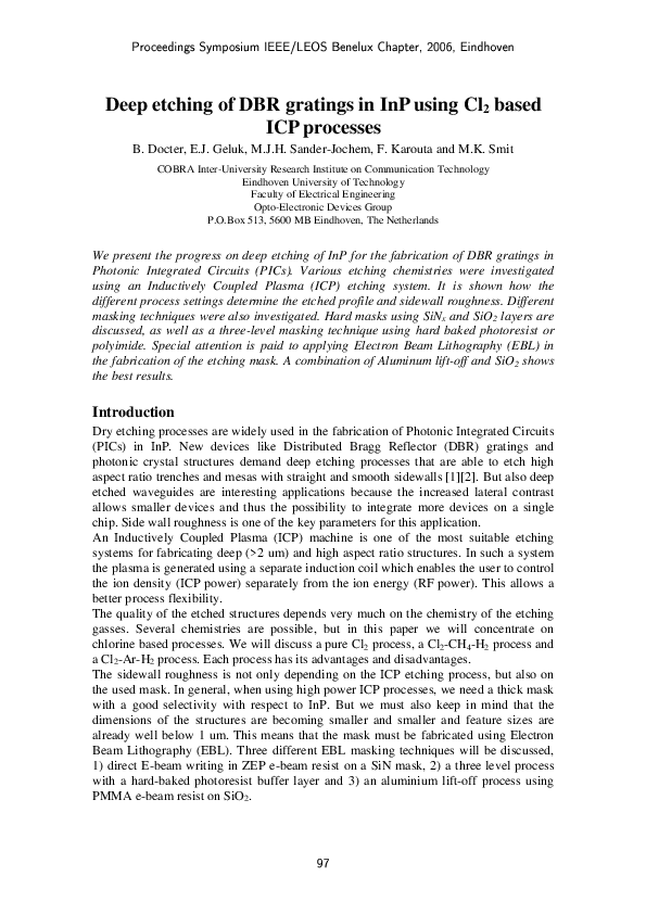 (PDF) Deep etching of DBR gratings in InP using CI2 based ICP processes