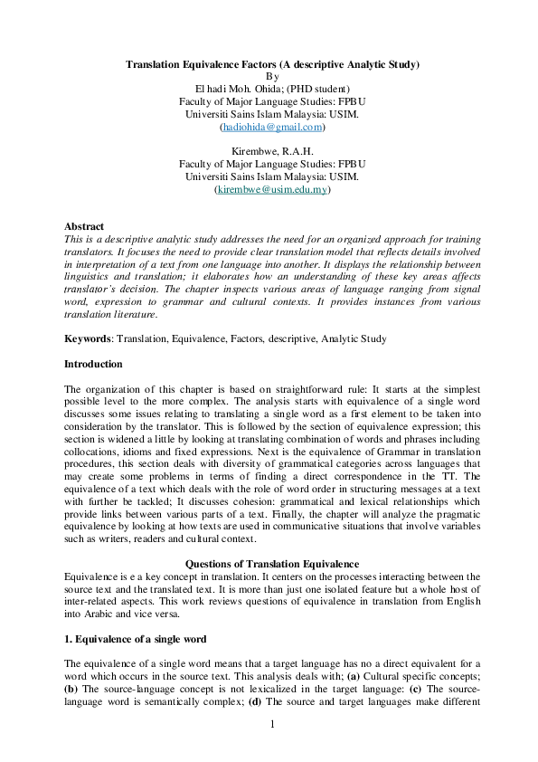 (PDF) Translation Equivalence Factors (A descriptive Analytic Study)