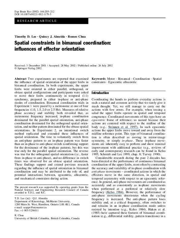 Pdf Spatial Constraints In Bimanual Coordination Influences Of