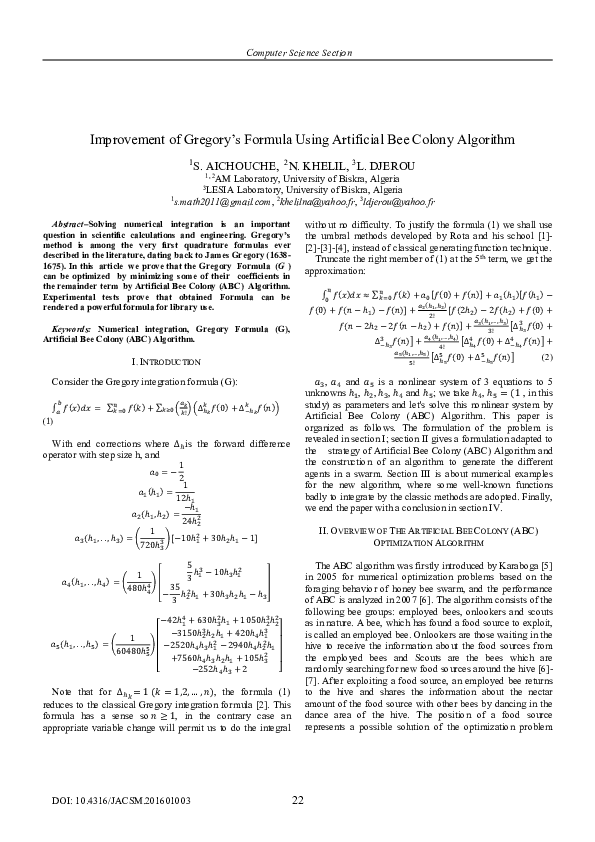 Improvement of Gregory's Formula Using Artificial Bee Colony Algorithm