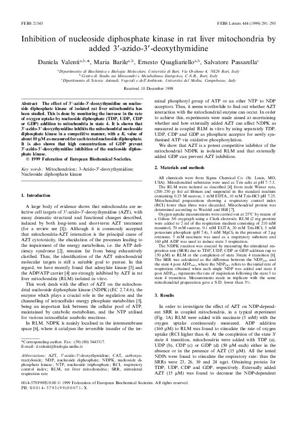 (PDF) Inhibition of nucleoside diphosphate kinase in rat liver mitochondria by added 3′-azido-3 ...