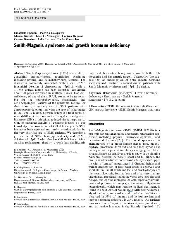 (PDF) Smith-Magenis syndrome and growth hormone deficiency
