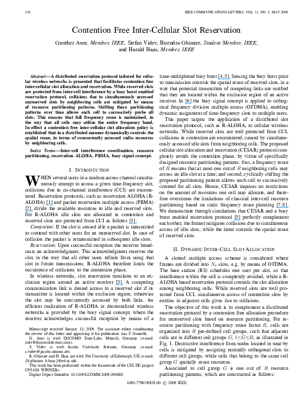 (PDF) Contention free inter-cellular slot reservation