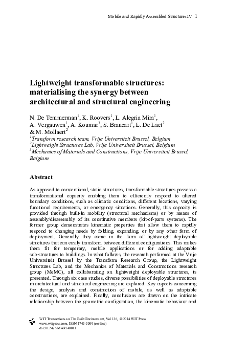 Pdf Lightweight Transformable Structures Materialising The Synergy Between Architectural And