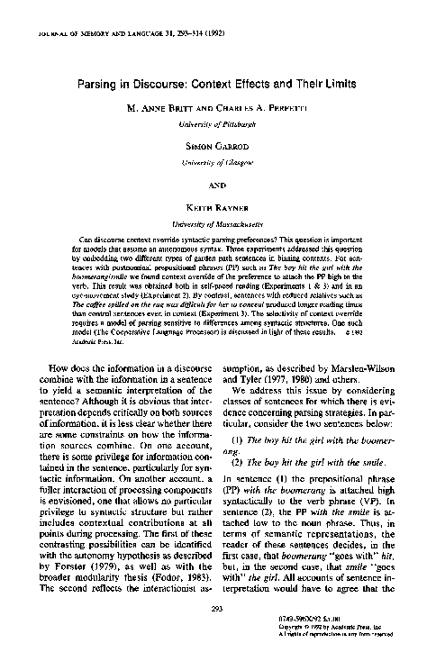 Pdf Parsing In Discourse Context Effects And Their Limits