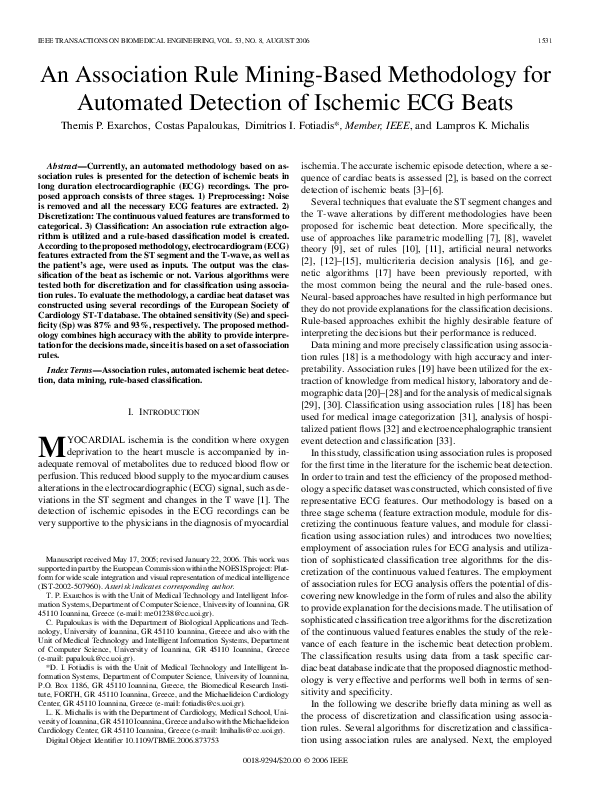 (PDF) An Association Rule Mining-Based Methodology for Automated Detection of Ischemic ECG Beats
