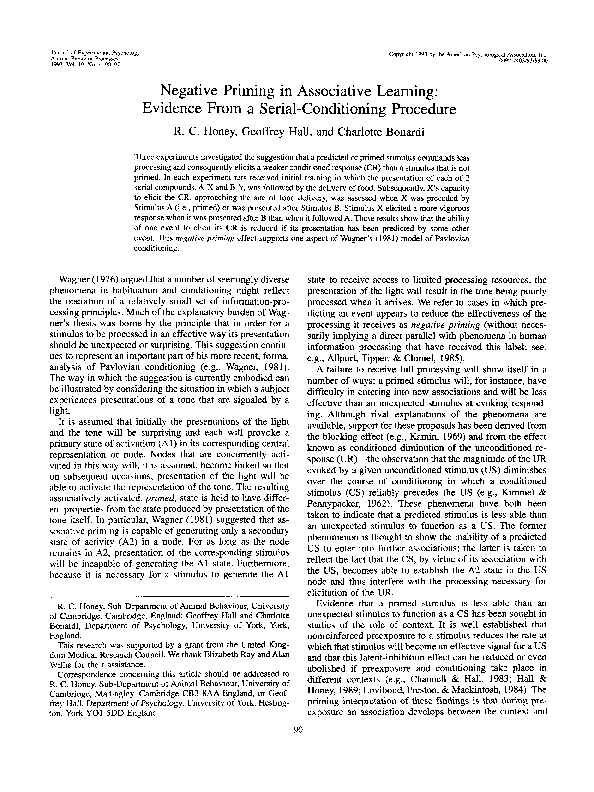 (PDF) Negative priming in associative learning: Evidence from a serial-conditioning procedure