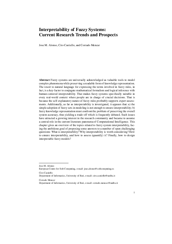 (PDF) Interpretability of Fuzzy Systems: Current Research Trends and Prospects