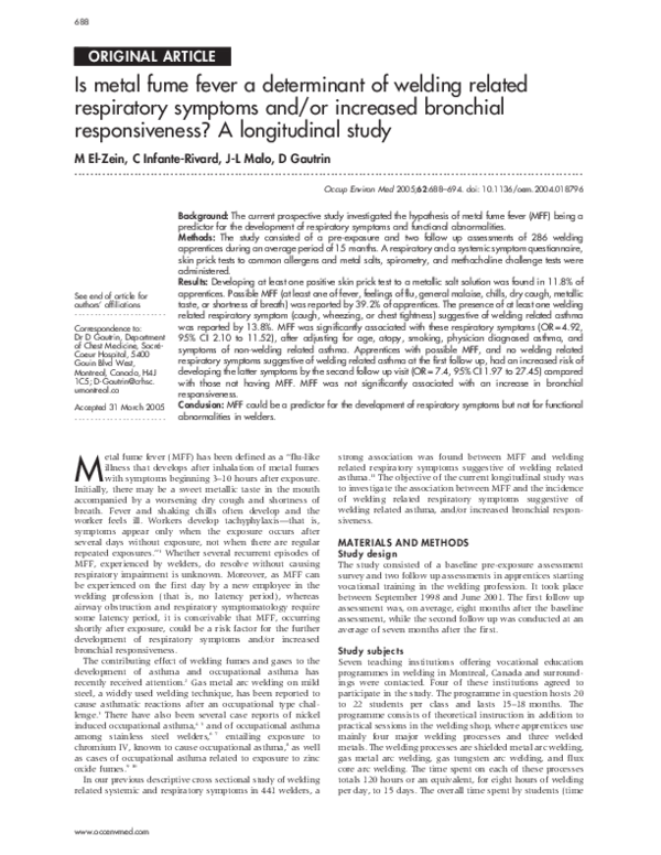 (PDF) Is metal fume fever a determinant of welding related respiratory ...
