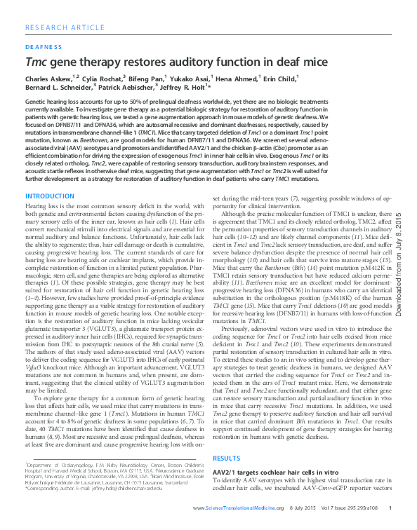 (PDF) Tmc gene therapy restores auditory function in deaf mice