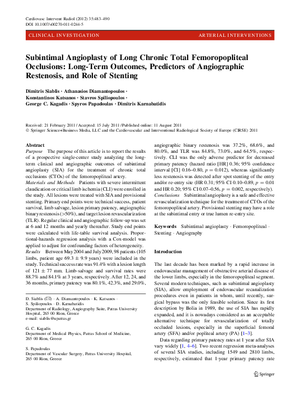 (PDF) PTA and Stenting of Femoropopliteal Trunk With Cordis Smartflex ...
