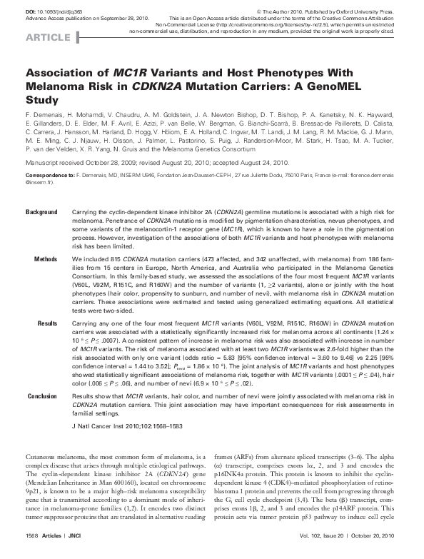 Pdf Association Of Mc1r Variants And Host Phenotypes With Melanoma