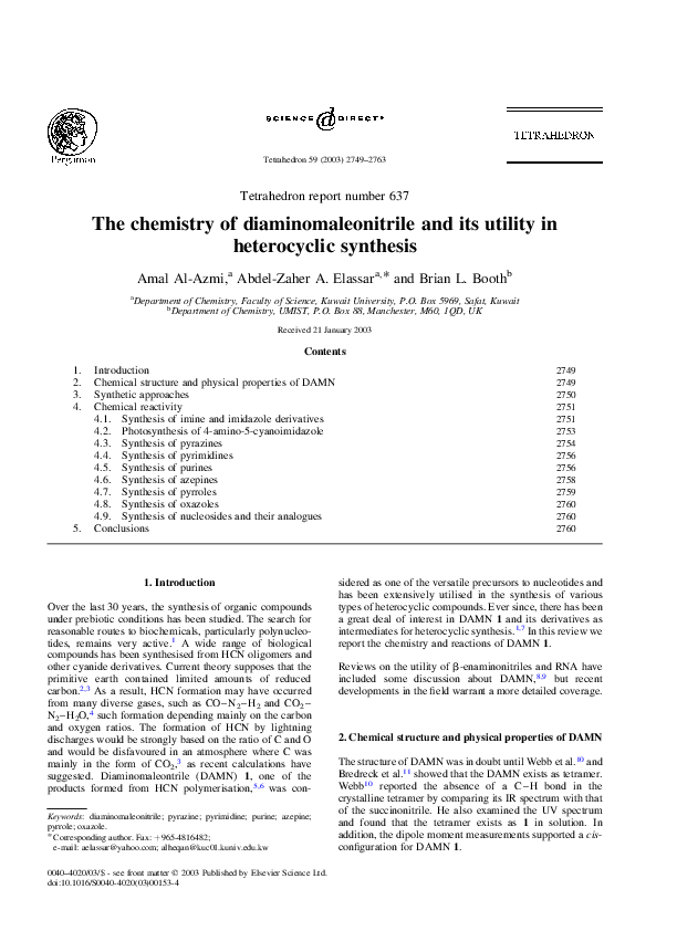 (PDF) The chemistry of diaminomaleonitrile and its utility in heterocyclic synthesis