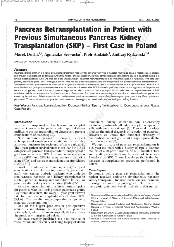 (PDF) Pancreas retransplantation in patient with previous simultaneous ...