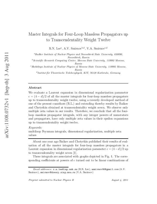 (PDF) Master integrals for four-loop massless propagators up to weight twelve