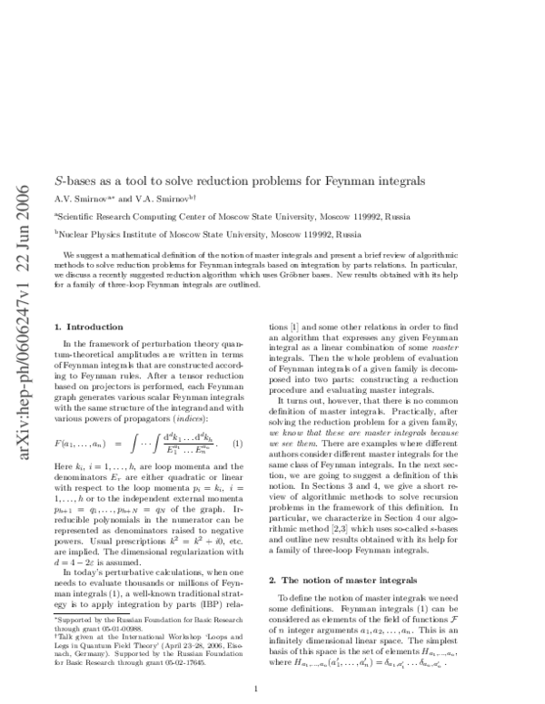 Pdf S Bases As A Tool To Solve Reduction Problems For Feynman Integrals