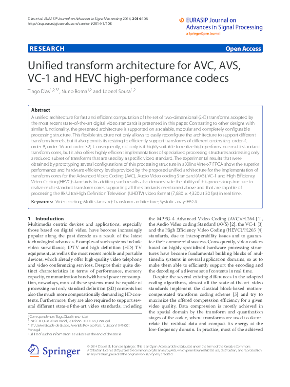 Pdf Unified Transform Architecture For Avc Avs Vc 1 And Hevc High Performance Codecs