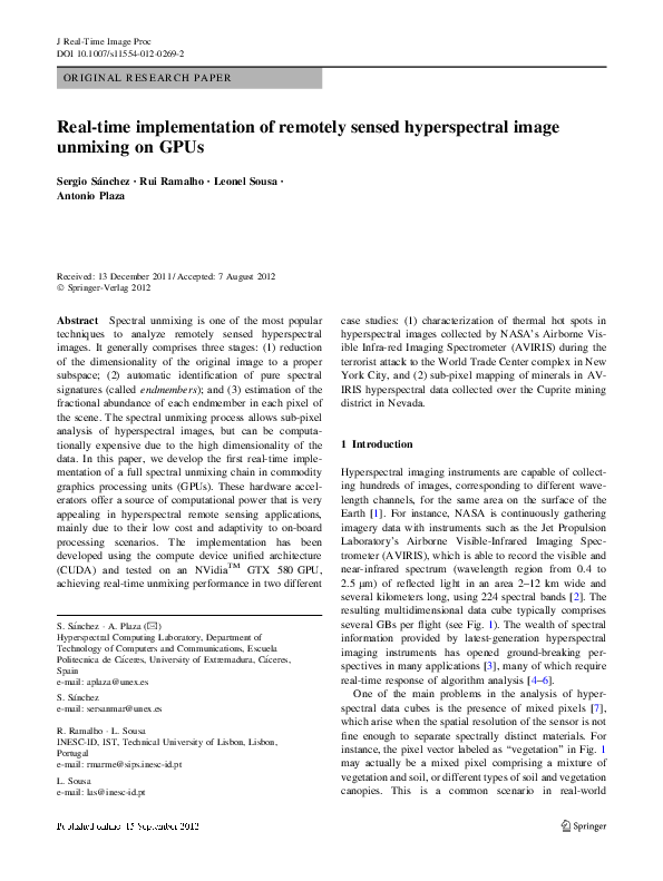 (PDF) Real-time implementation of remotely sensed hyperspectral image unmixing on GPUs