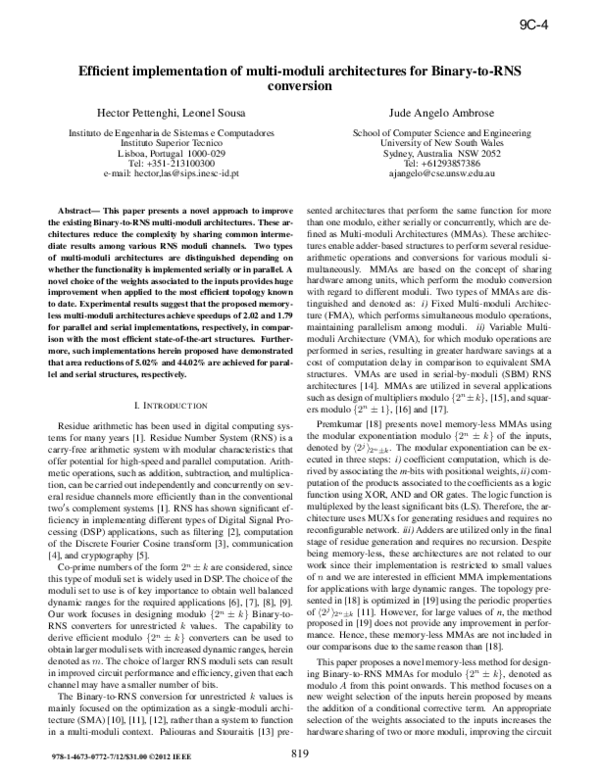 Pdf Efficient Implementation Of Multi Moduli Architectures For Binary To Rns Conversion