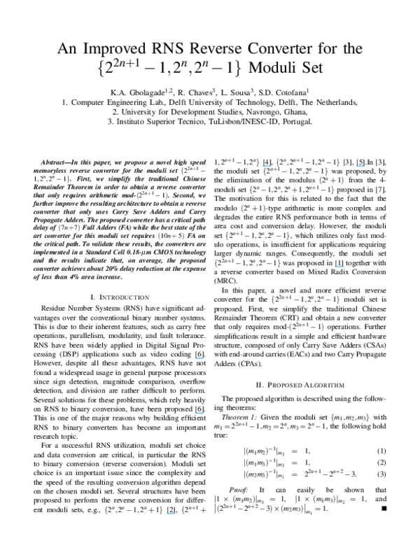 (PDF) An improved RNS reverse converter for the {2 2n+ 1− 1, 2 n, 2 n− 1} moduli set