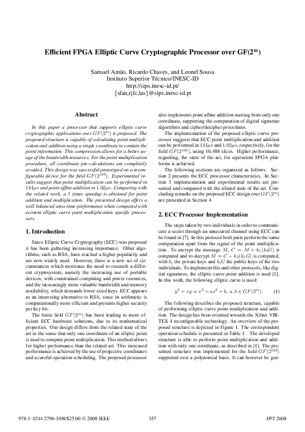Pdf Efficient Fpga Elliptic Curve Cryptographic Processor Over Gf2 M 3726