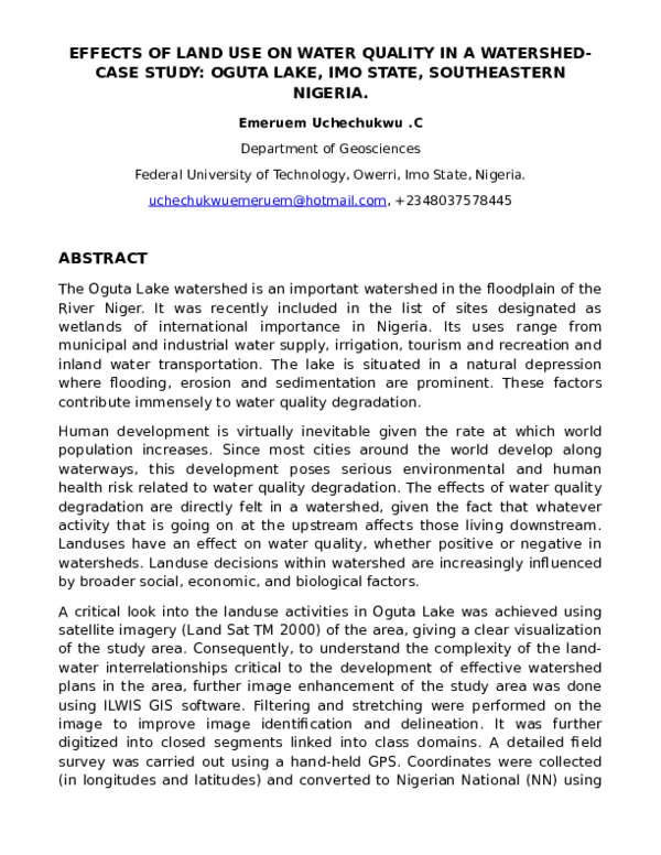 (DOC) EFFECTS OF LAND USE ON WATER QUALITY IN A WATERSHED- CASE STUDY ...
