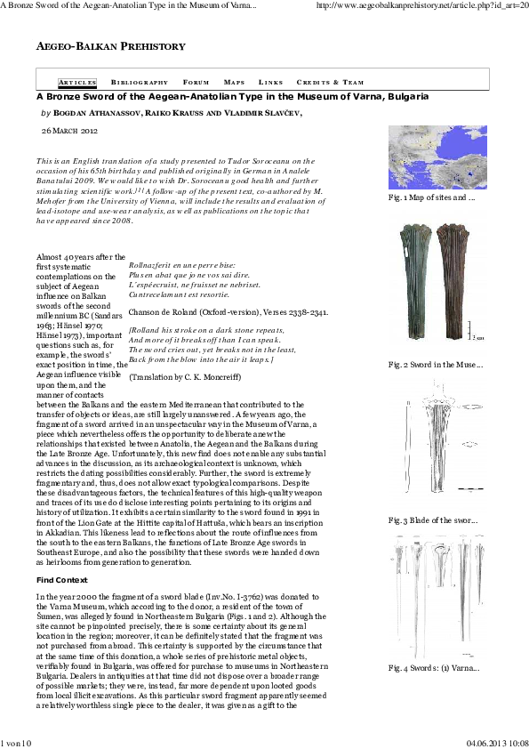 A Bronze Sword of the Aegean-Anatolian Type in the Museum of Varna ...