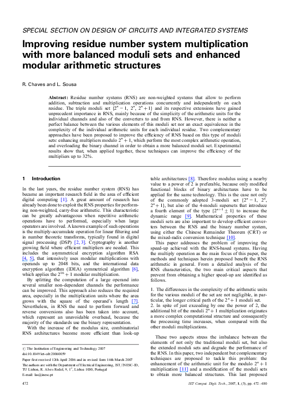 Pdf Improving Residue Number System Multiplication With More Balanced Moduli Sets And Enhanced