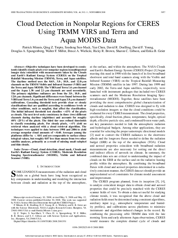 (PDF) Cloud Detection in Nonpolar Regions for CERES Using TRMM VIRS and Terra and Aqua MODIS Data