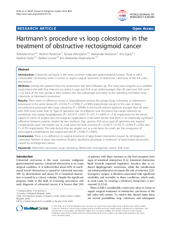 (PDF) Hartmann's procedure vs loop colostomy in the treatment of ...